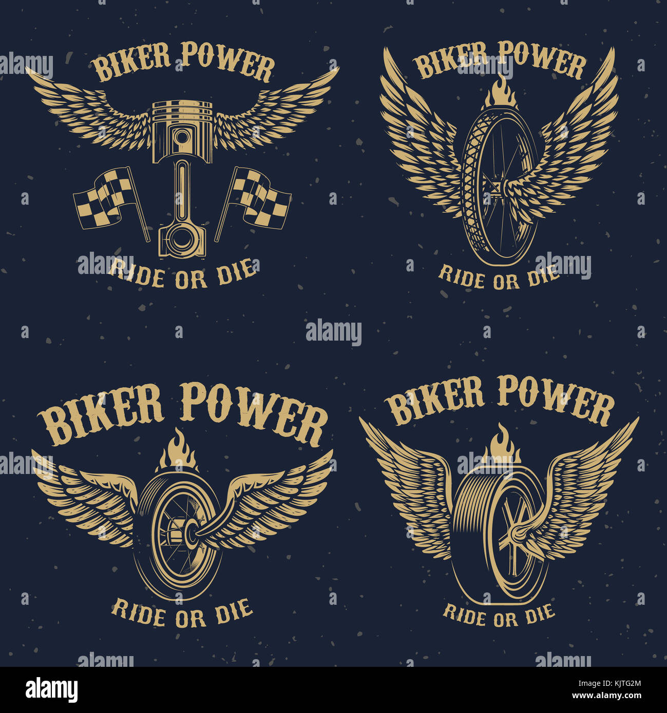 Set of vintage motorcycle emblems. Winged piston, wheel, racer Stock ...