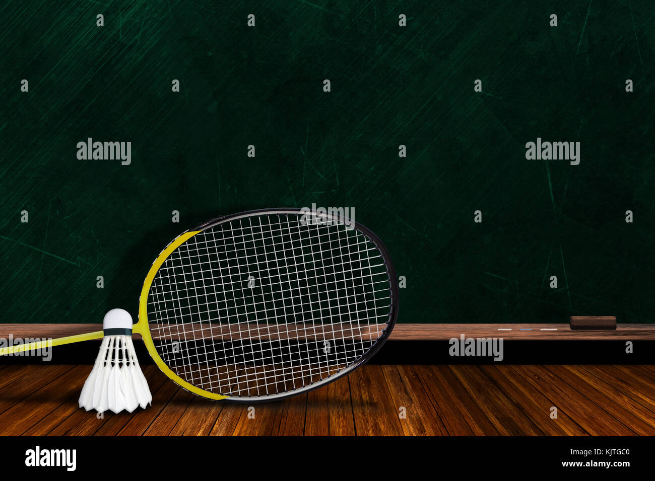 Badminton racket and shuttlecock on table with background chalkboard ...