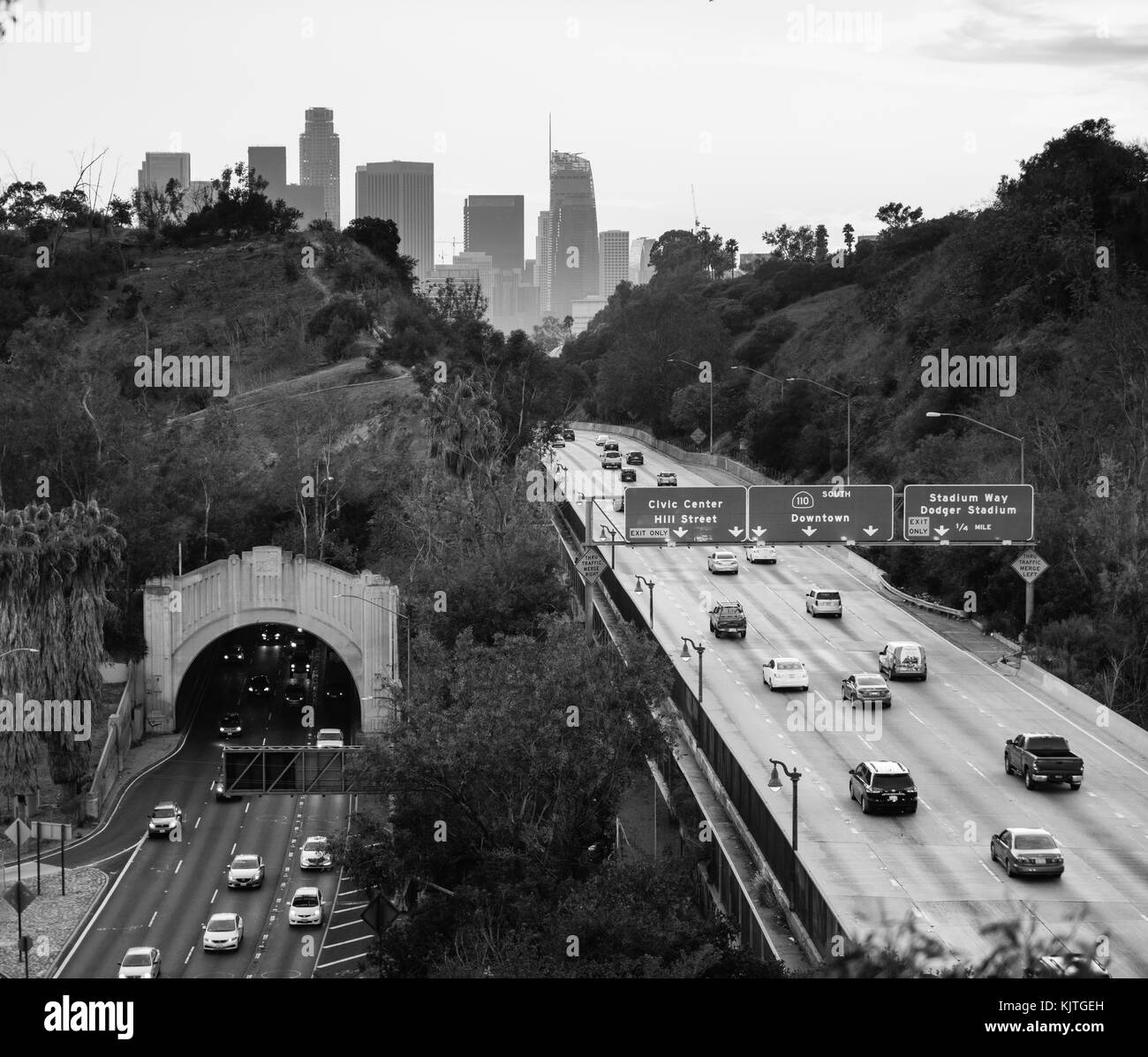 Downtown freeway traffic Black and White Stock Photos & Images - Alamy