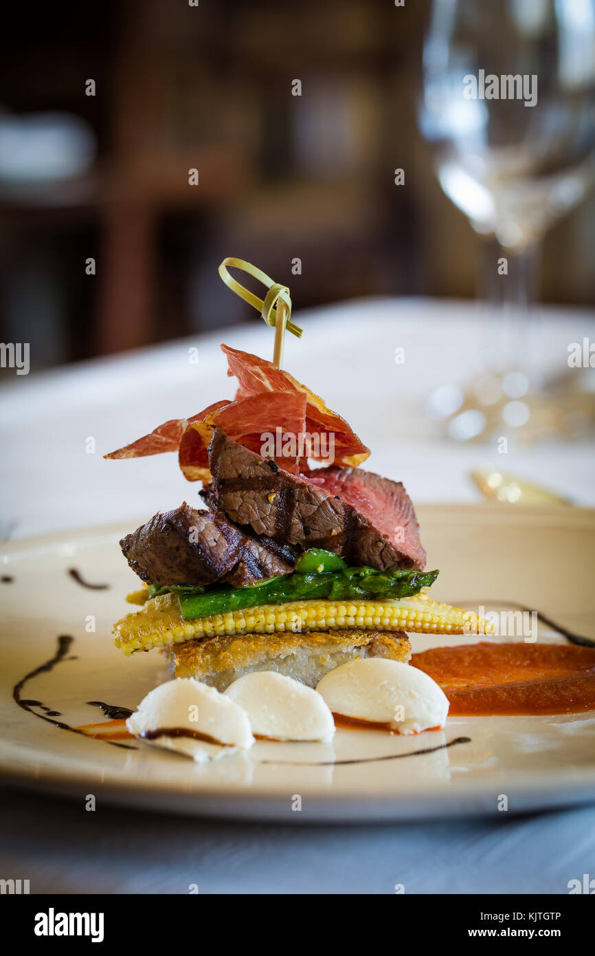 Delicious gourmet roast beef lunch in a fine dining gourmet restaurant ...