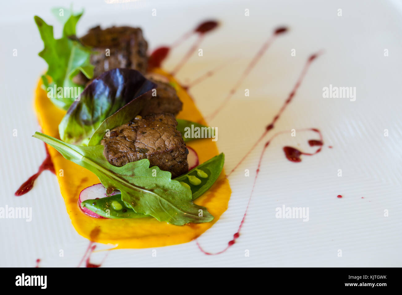 Delicious gourmet roast beef lunch in a fine dining gourmet restaurant ...