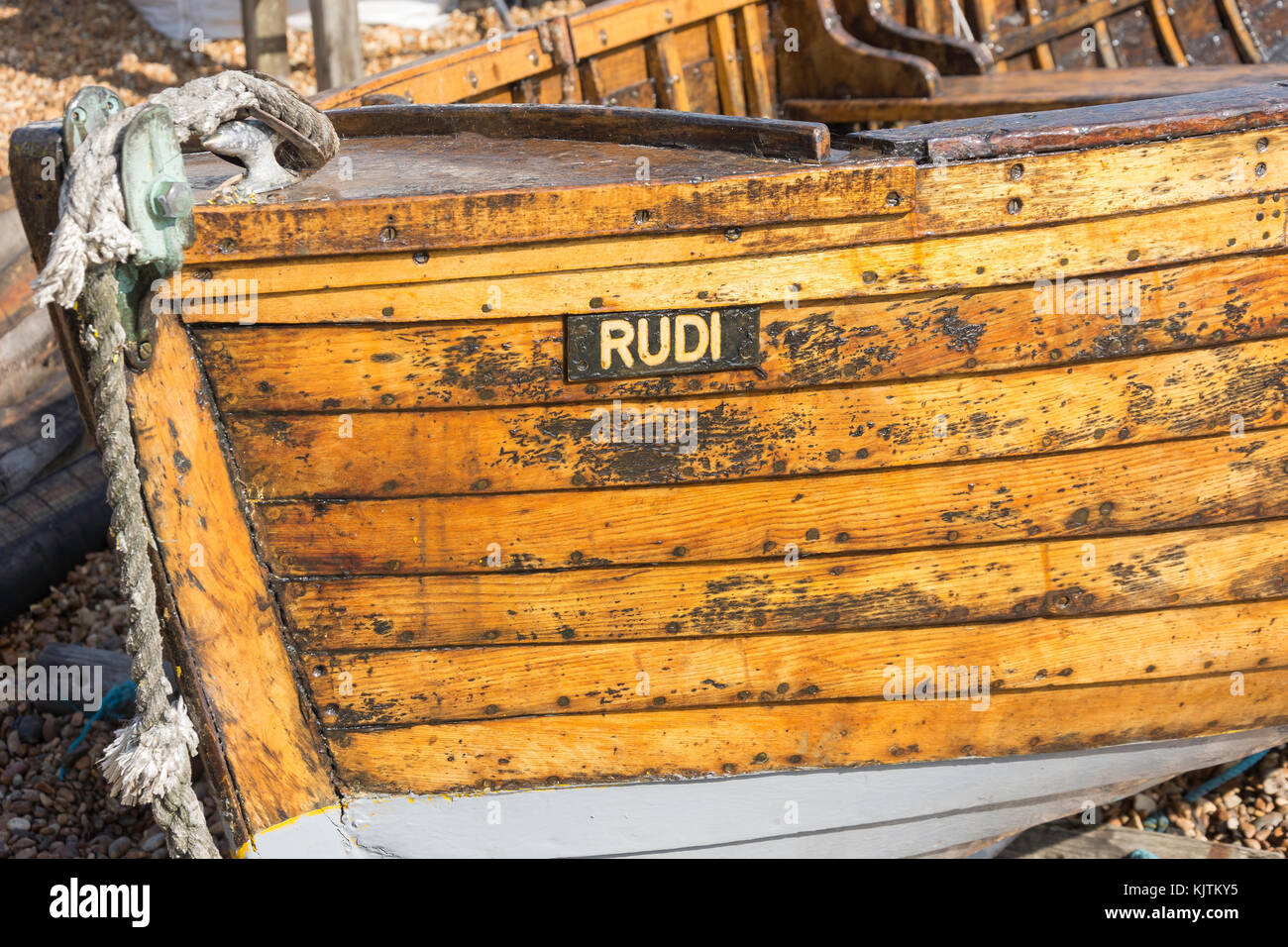 Traditional classic wooden fishing dingy on beach deal kent seas hi-res ...