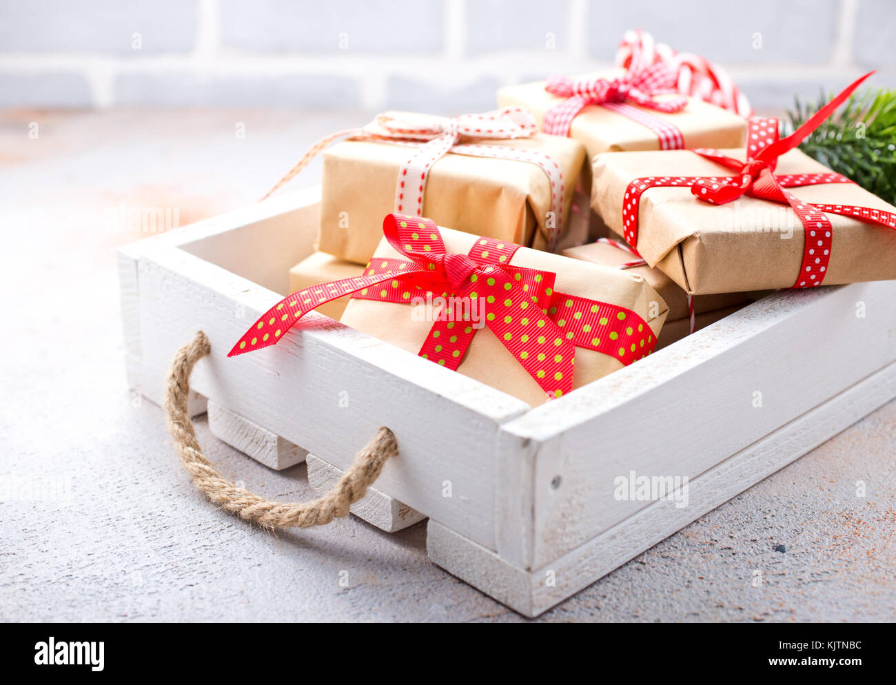 christmas background, box for present on a table Stock Photo - Alamy