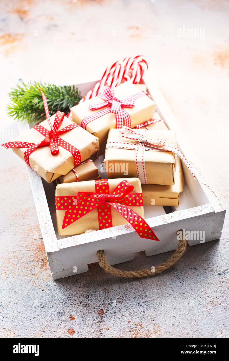 christmas background, box for present on a table Stock Photo - Alamy