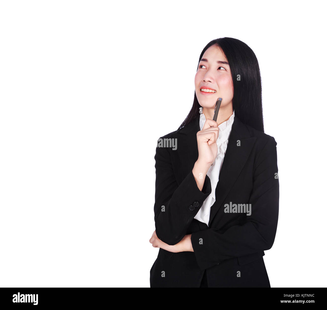 young business woman smiling and thinking isolated on white background ...