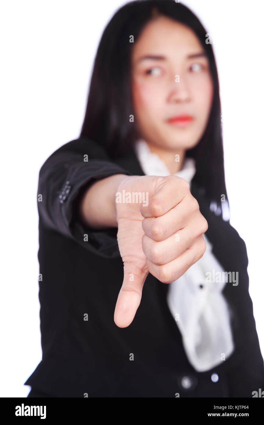 young business woman with thumbs down gesture isolated on white ...