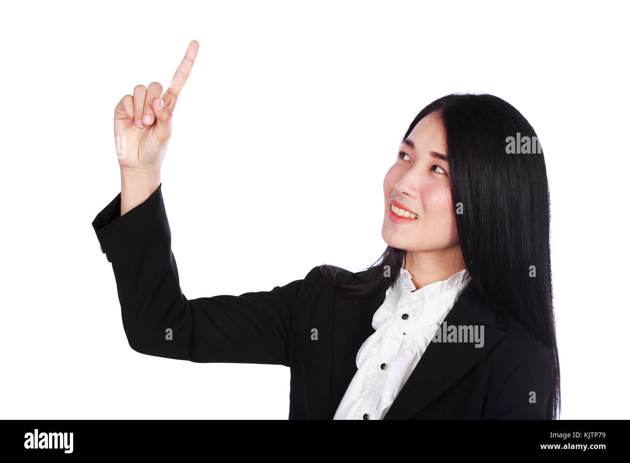 young business woman shows forefinger up isolated on a white background ...