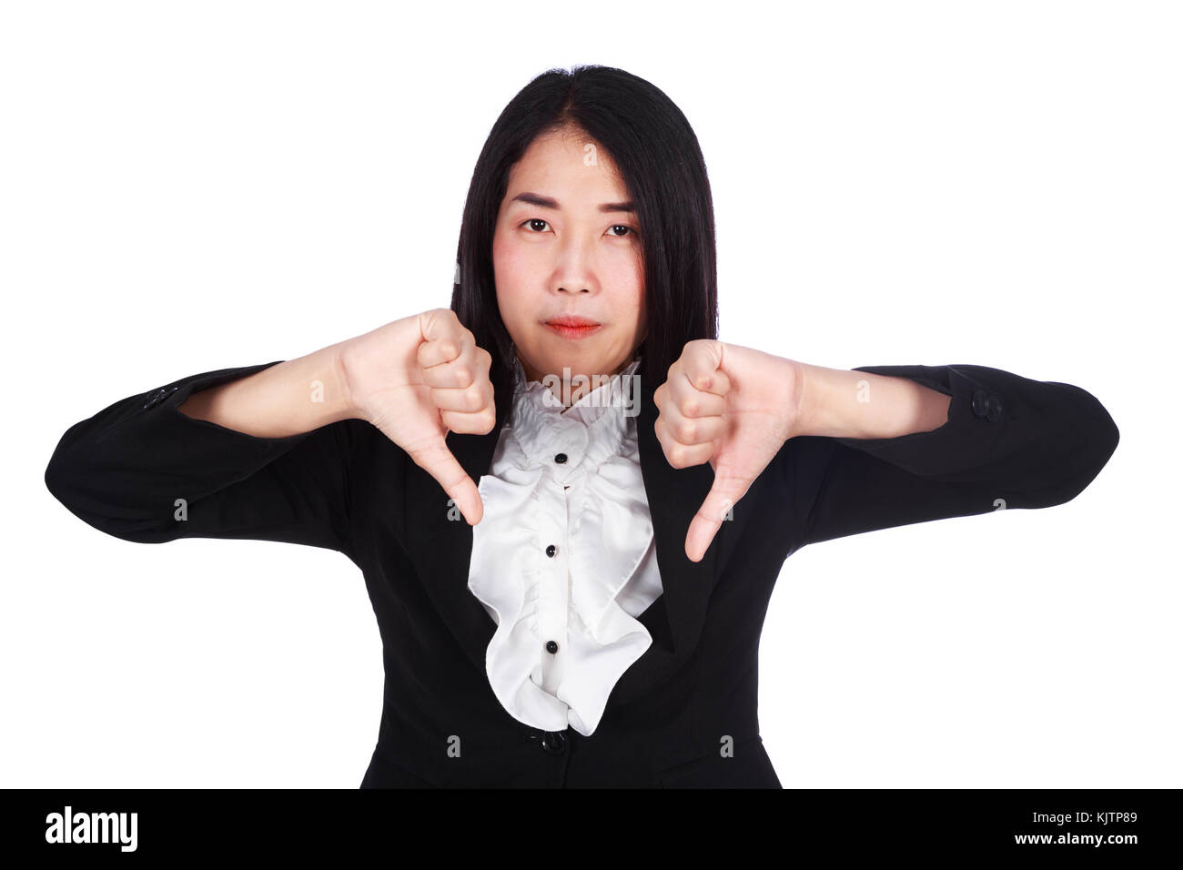 young business woman with thumbs down gesture isolated on white ...