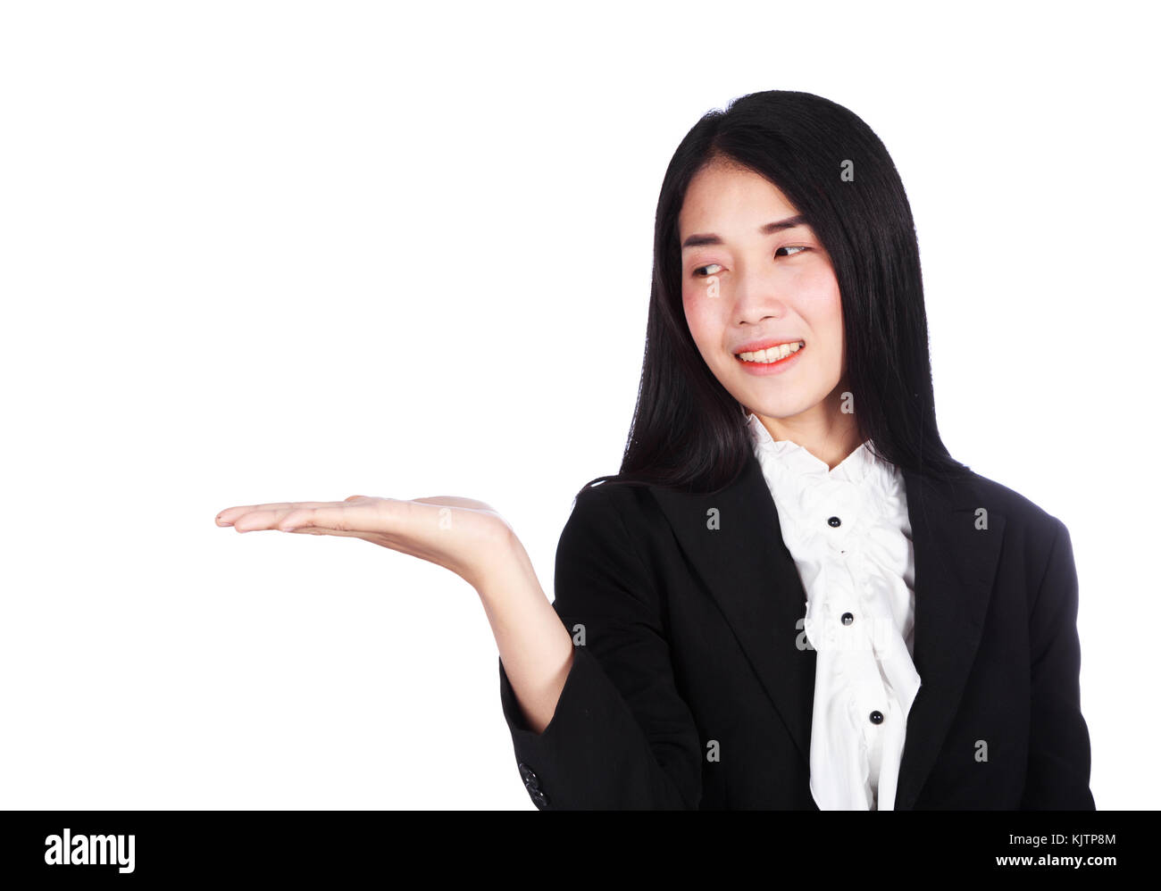 young business woman in suit with empty hand isolated on white ...
