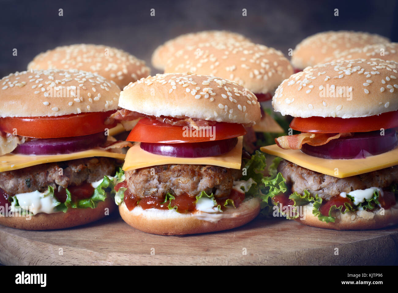 Mini beef burgers with vegetables and cheese,selective focus Stock ...