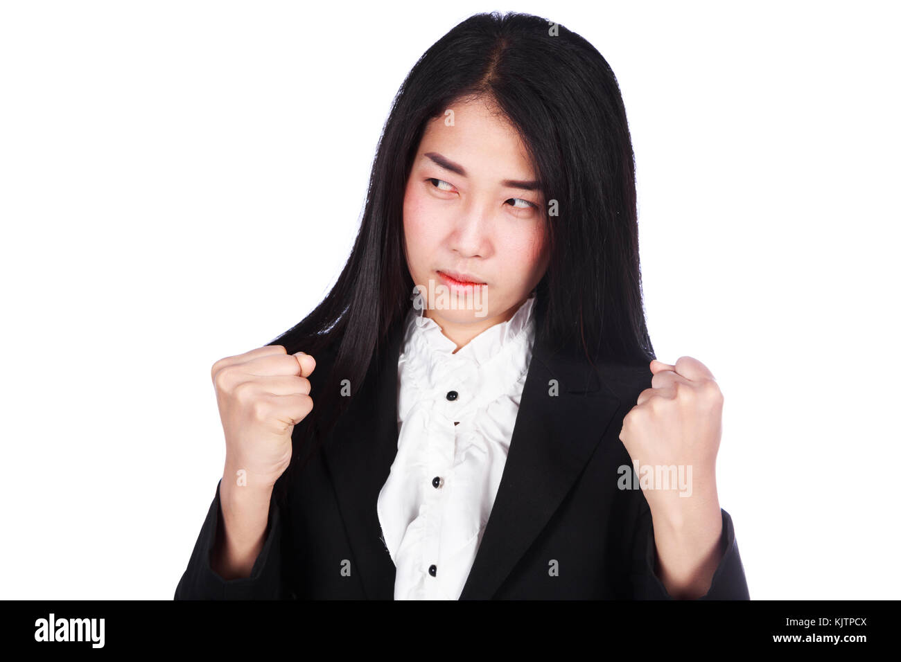 young business woman cheering with her arms raised isolated on white ...