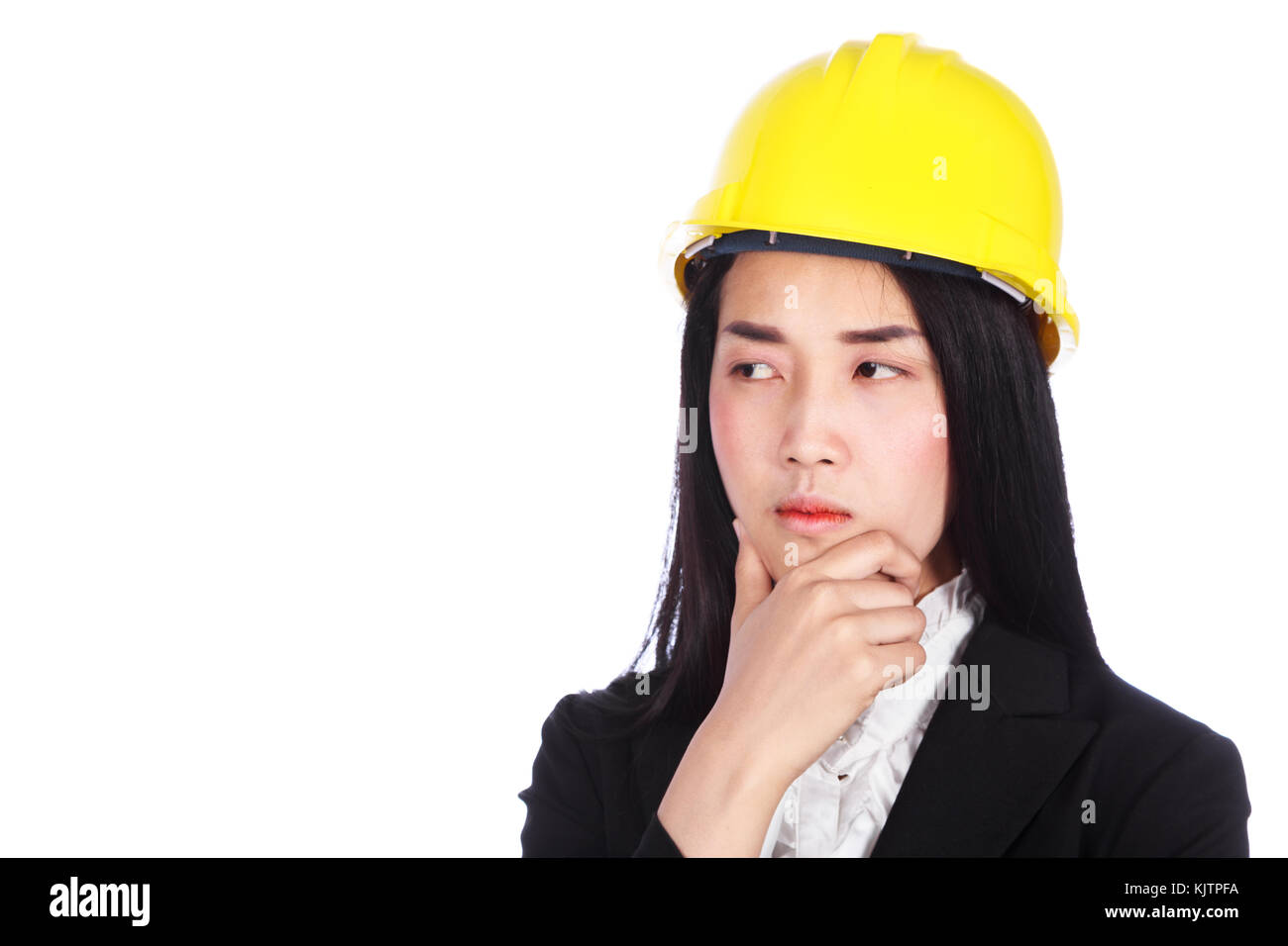 young business woman engineer thinking isolated on white background ...