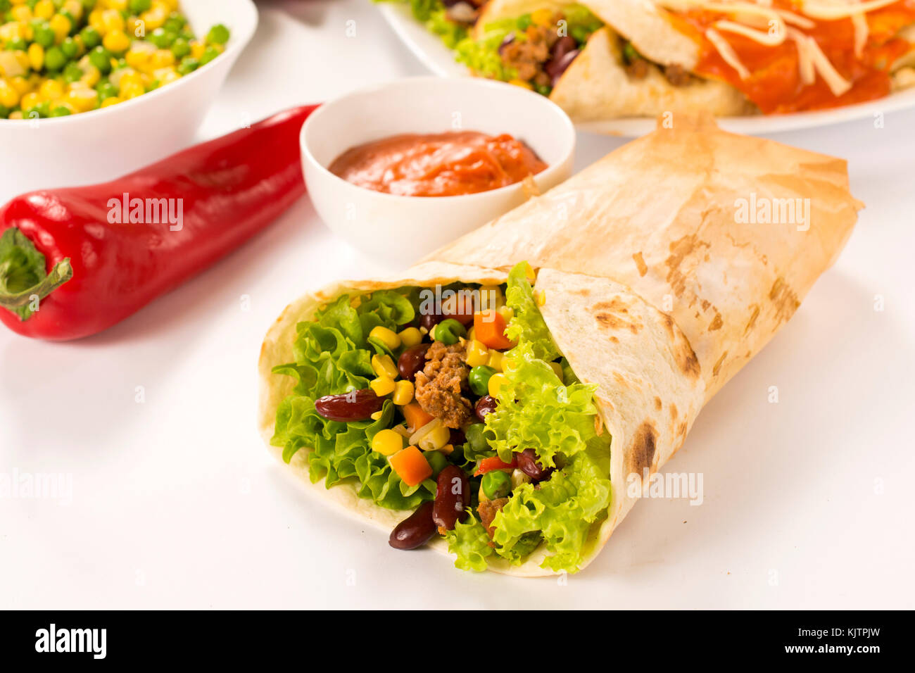 Selective focus in the middle of front burrito sandwich Stock Photo - Alamy