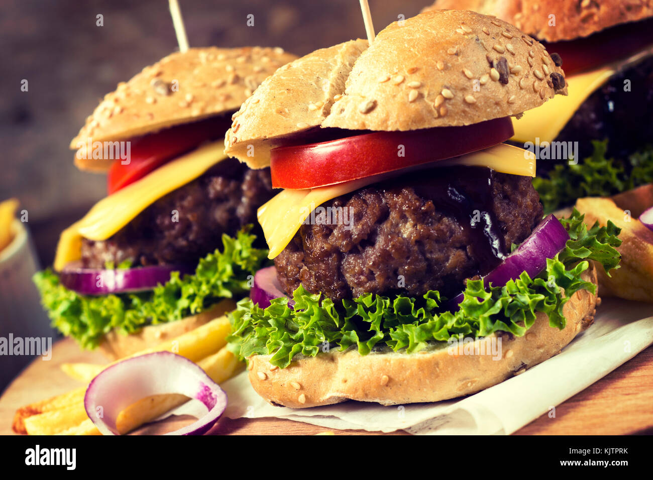 Selective focus on the front beef burger Stock Photo - Alamy