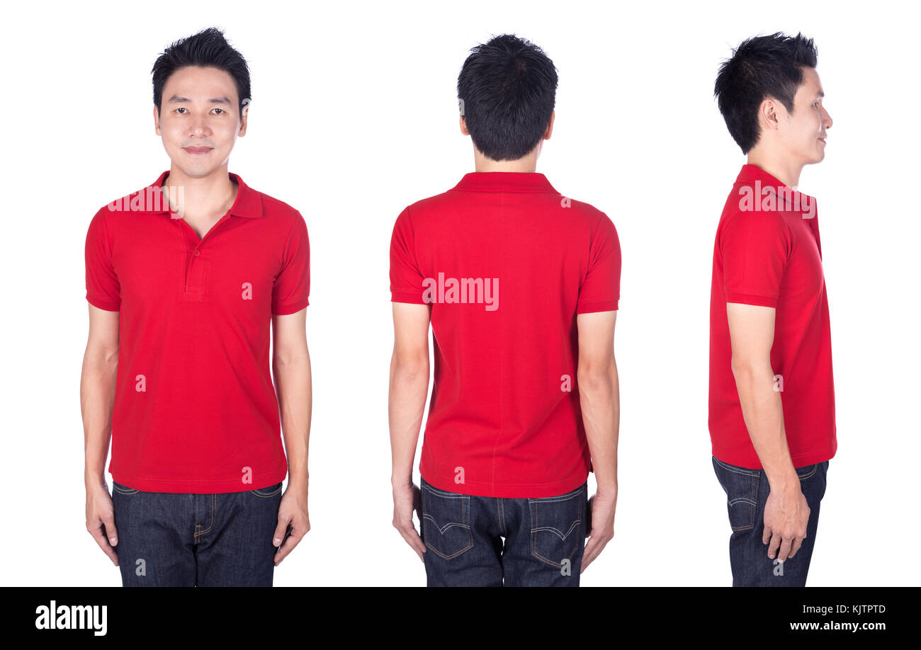 man with red polo shirt on a white background Stock Photo - Alamy