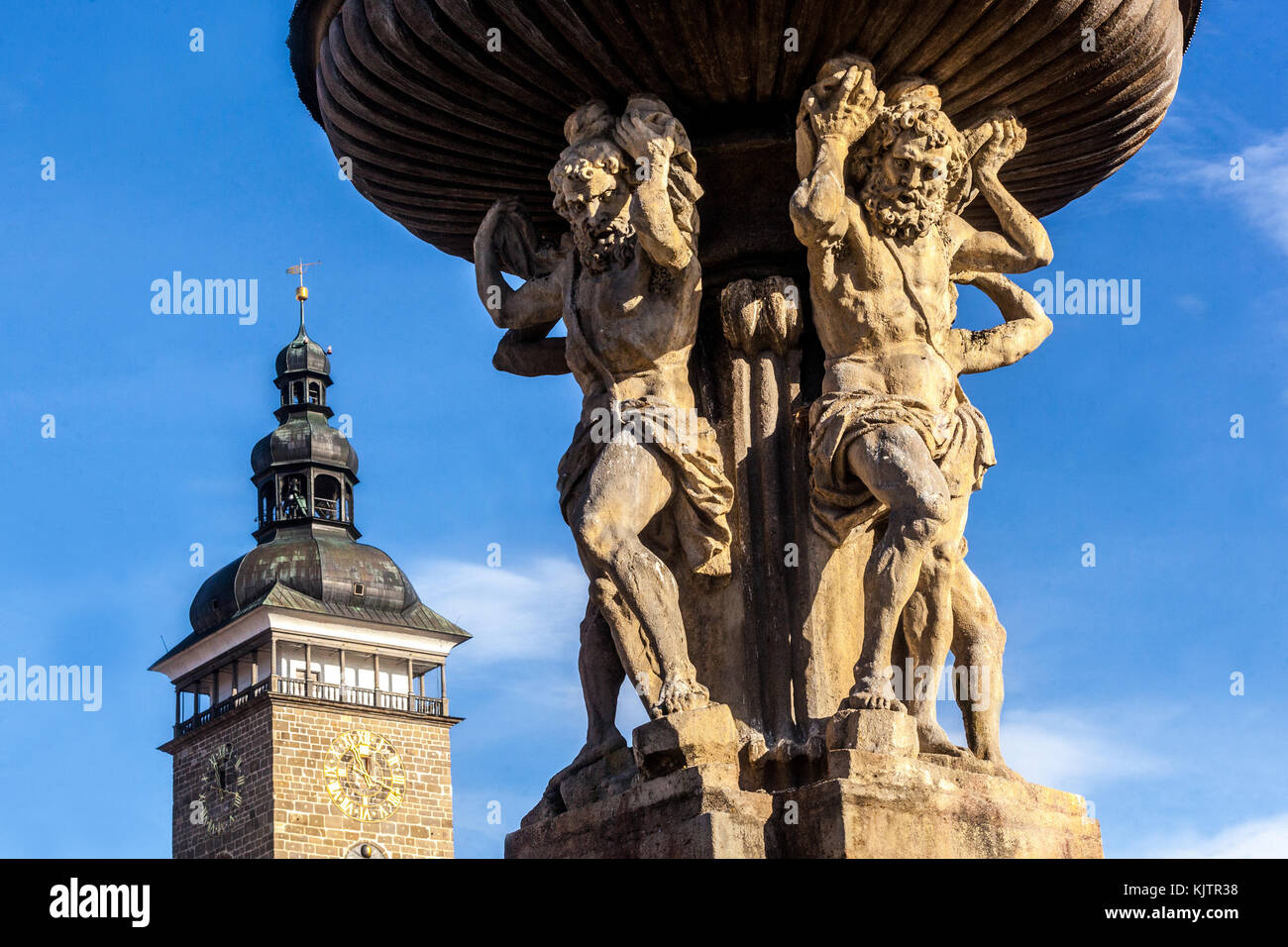 Samson fountain and Black Tower, Ceske Budejovice, Czech Republic ...
