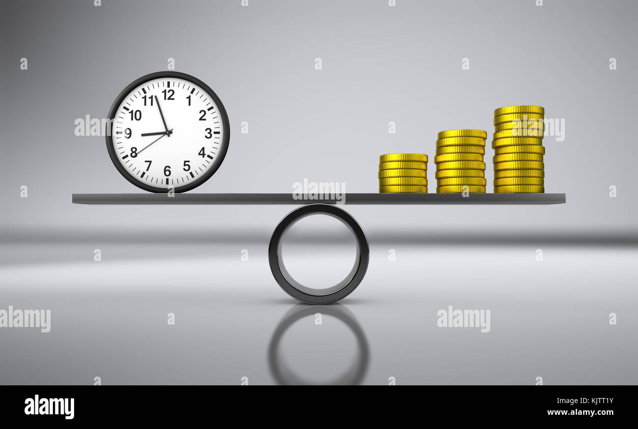 Time and money balance concept with clock and golden coins stacks ...