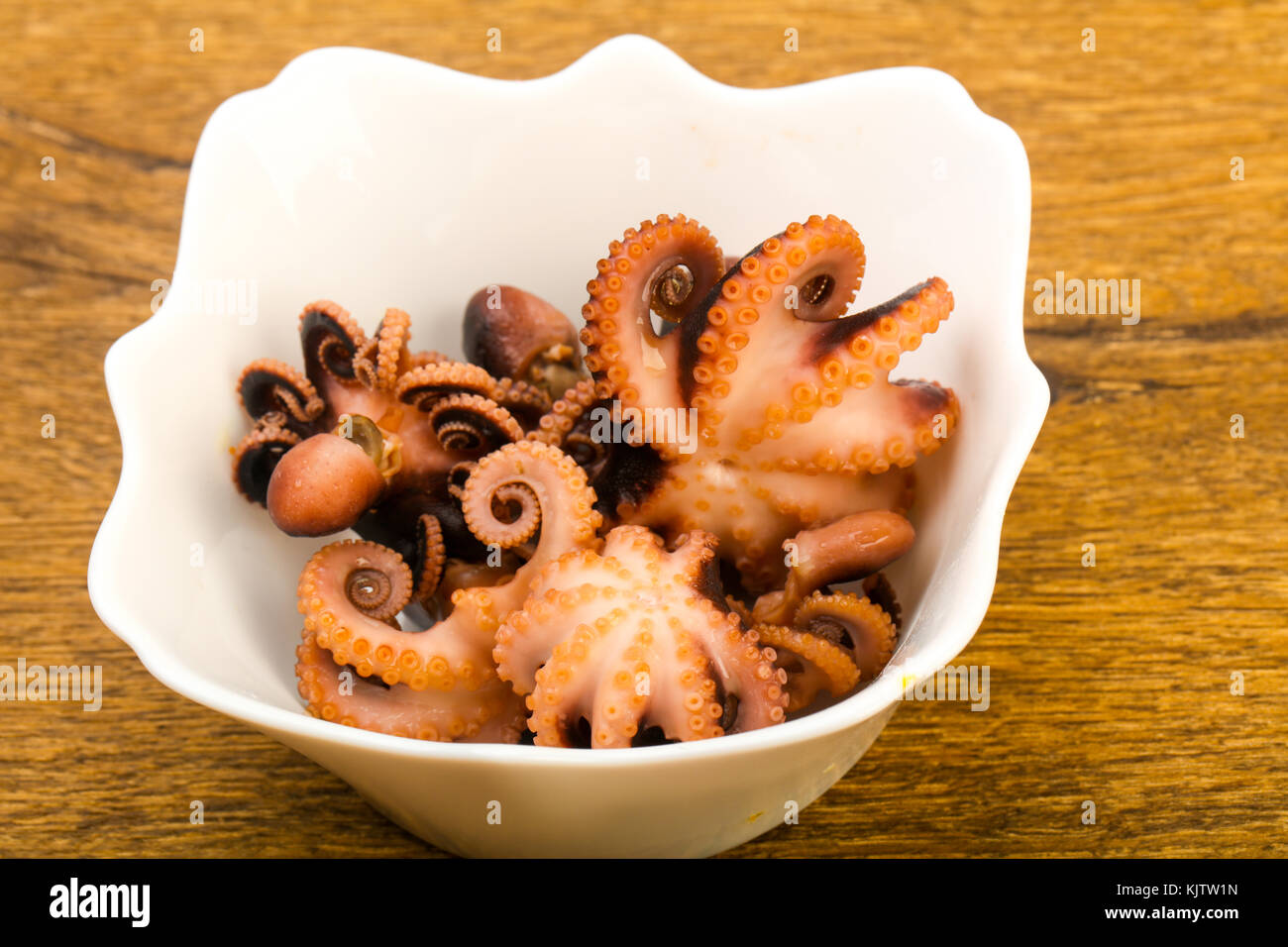 Boiled baby octopuses over salad leaves Stock Photo - Alamy
