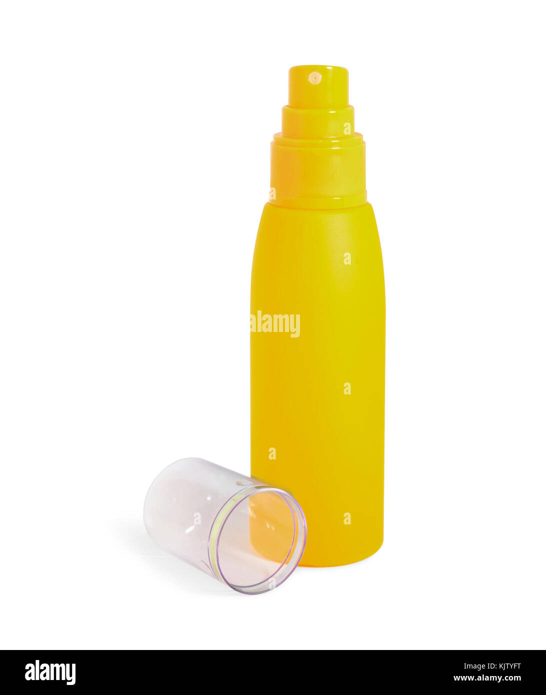 Yellow cosmetic cream bottle, spray opened isolated on white background ...