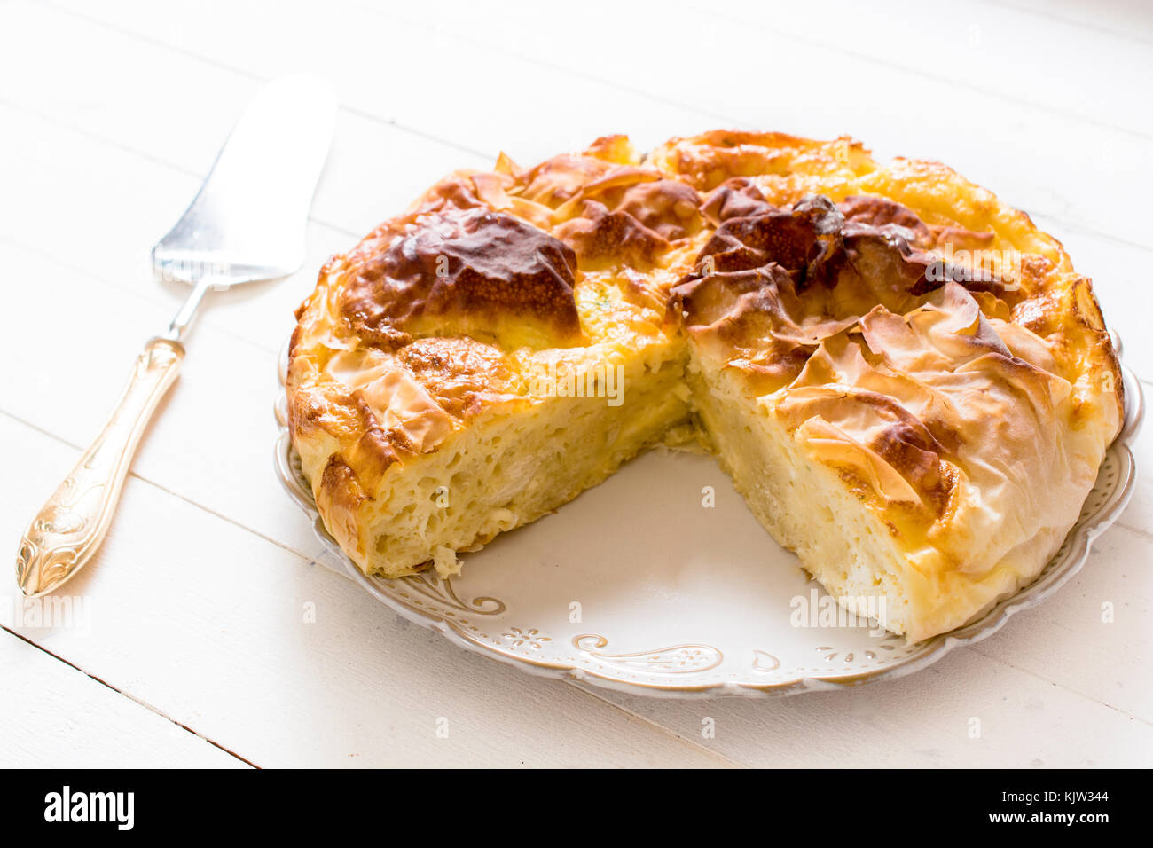 Traditional Serbian cheese pie on the plate,selective focus Stock Photo ...