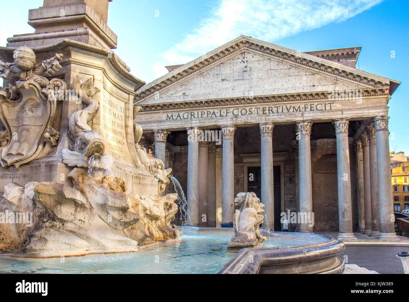 Ancient Roman Pantheon temple, view from fountain - Rome, Italy Stock ...