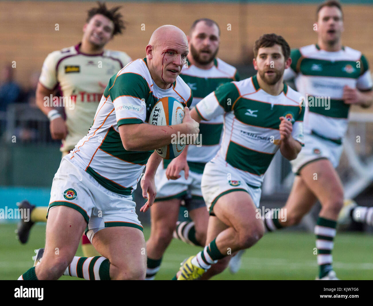Lewis Jones makes a break and scores a try, Ealing Trailfinders v ...