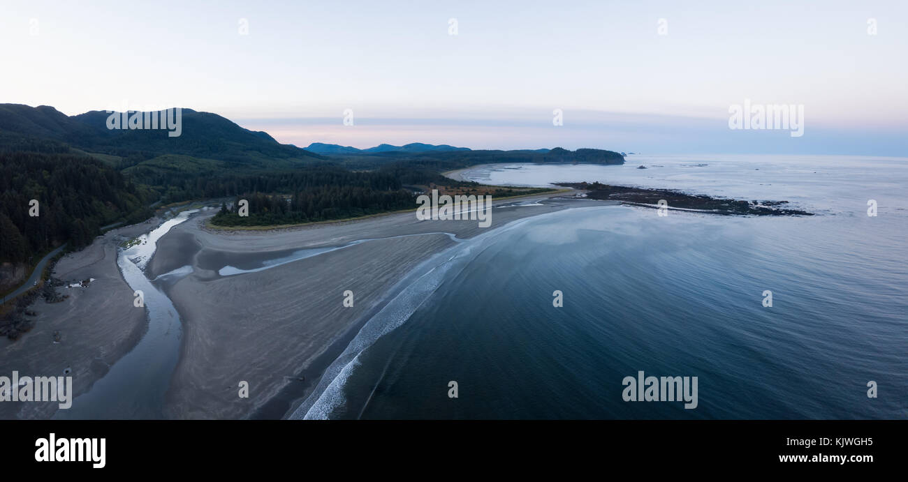 Beautiful aerail panoramic view of a sandy beach on Pacific Ocean Coast ...