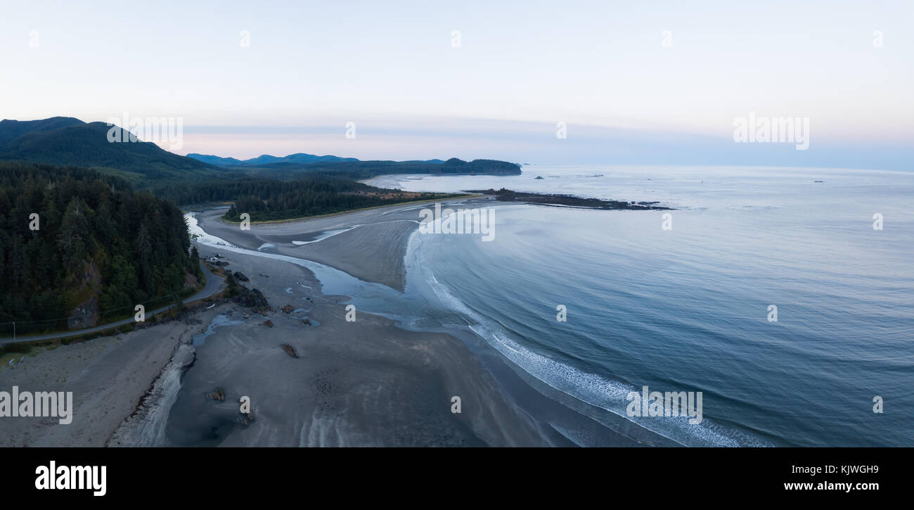 Beautiful aerail panoramic view of a sandy beach on Pacific Ocean Coast ...