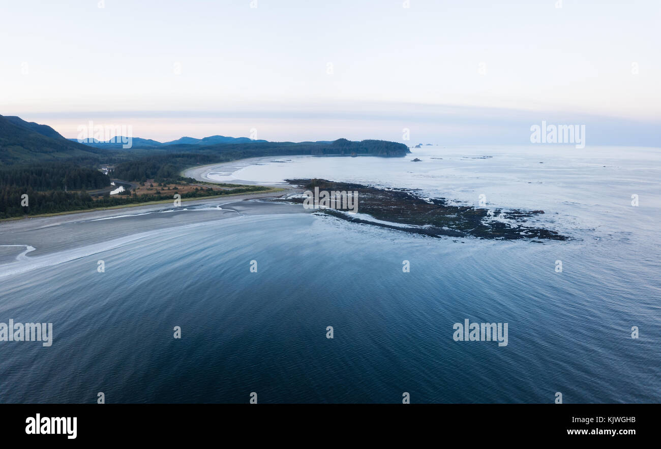 Beautiful aerail panoramic view of a sandy beach on Pacific Ocean Coast ...