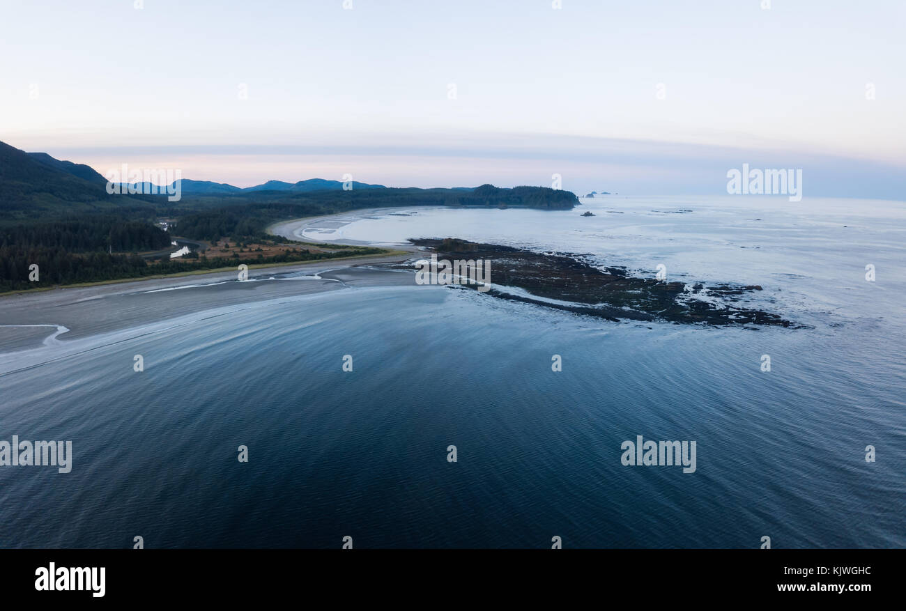 Beautiful aerail panoramic view of a sandy beach on Pacific Ocean Coast ...