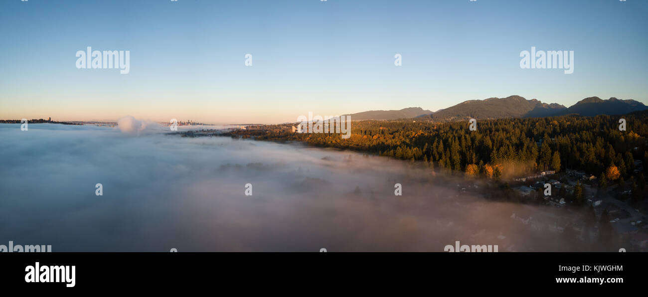 Beautiful aerial panoramic view of the ocean inlet covered in fog ...