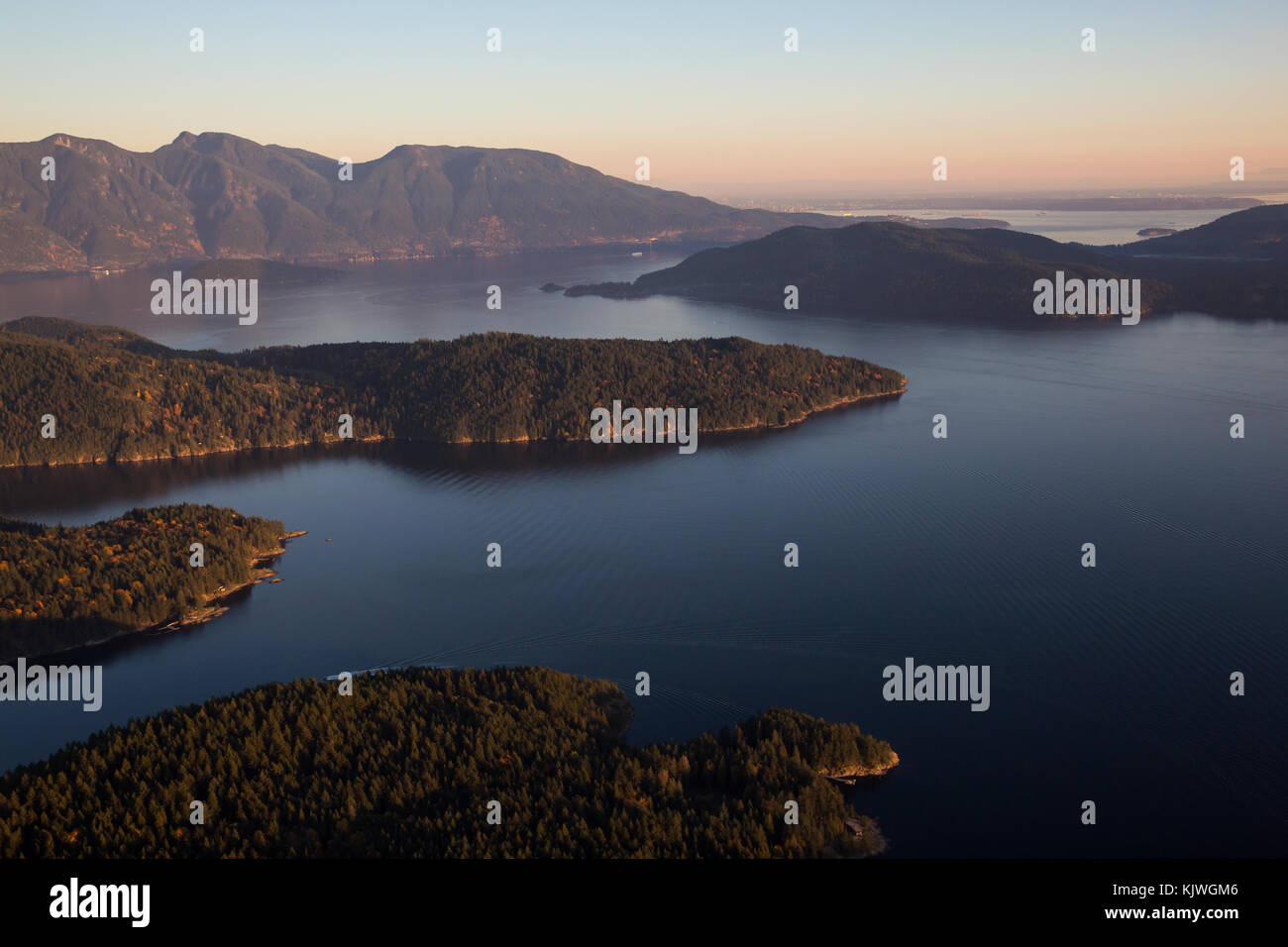 Aerial landscape view from an airplane of Howe Sound during a vibrant ...