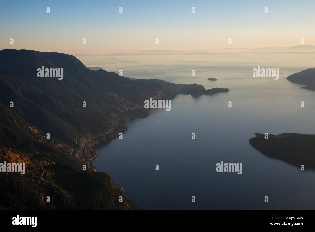 Aerial landscape view from an airplane of Howe Sound during a vibrant ...