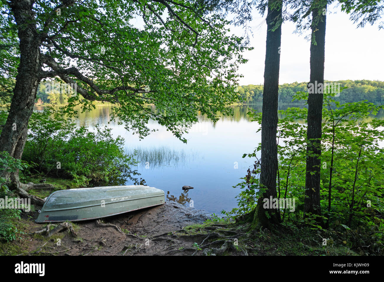 Boat on the Shore of MIrror Lake in Porcupine Mountains State park in ...