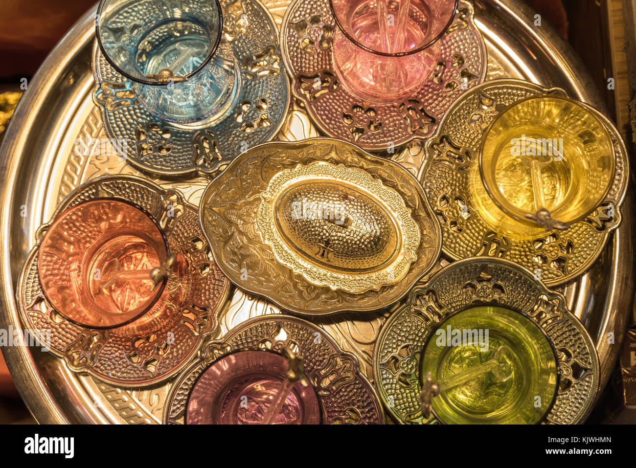 Top view of Traditional Turkish handmade silver or copper tea sets for ...