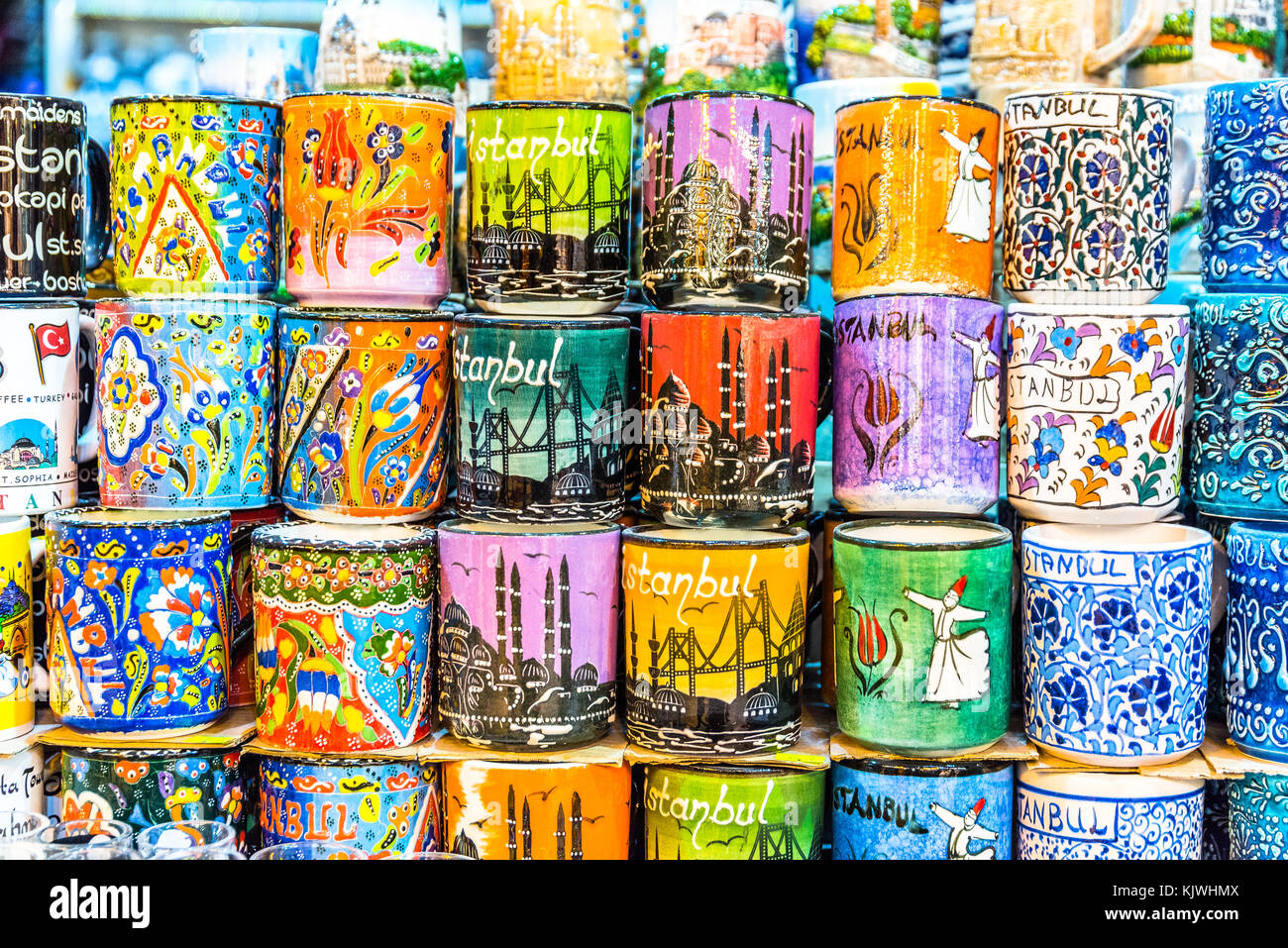 Collection of Traditional Turkish ceramic cups with painted landmarks ...