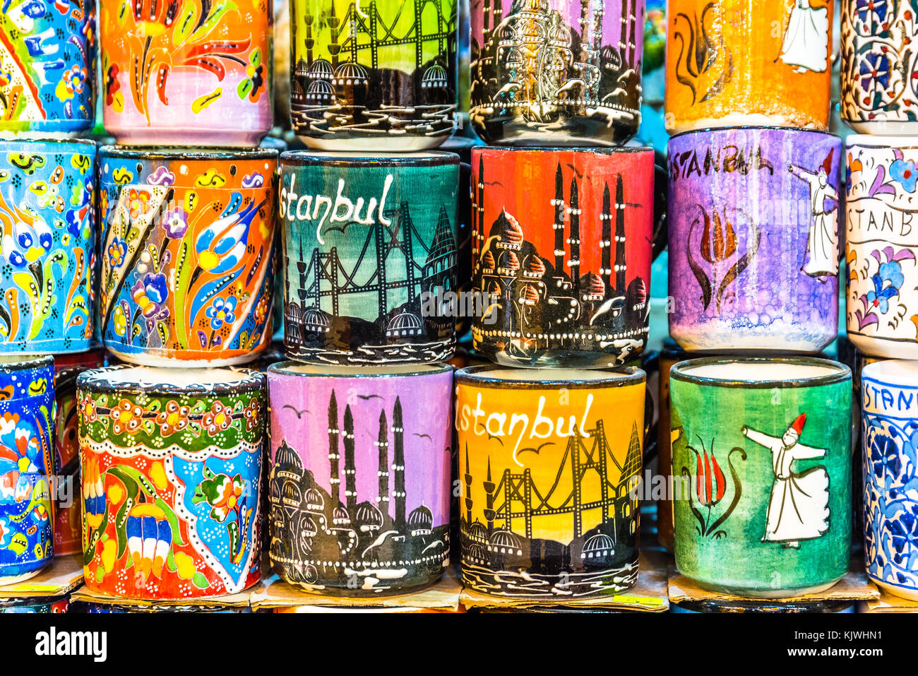 Collection of Traditional Turkish ceramic cups with painted landmarks ...