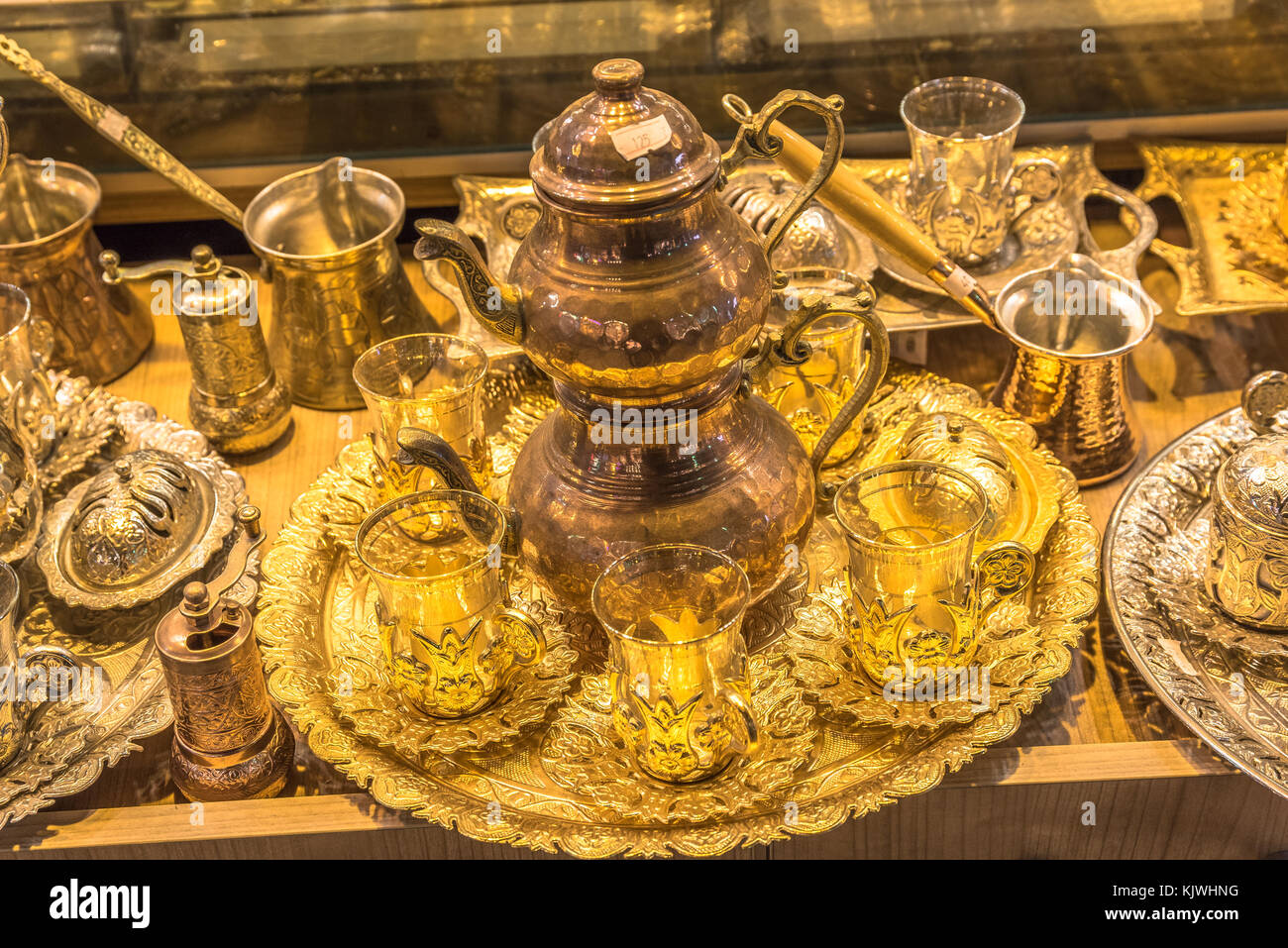 Top view of Traditional Turkish handmade silver or copper tea sets for ...