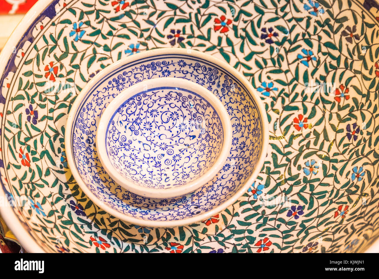 Collection of Traditional Turkish ceramic bowls and plates with painted ...