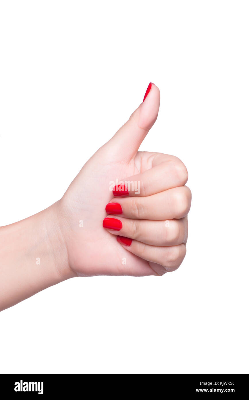 Female hand with red nail gesture good sign isolated on white ...