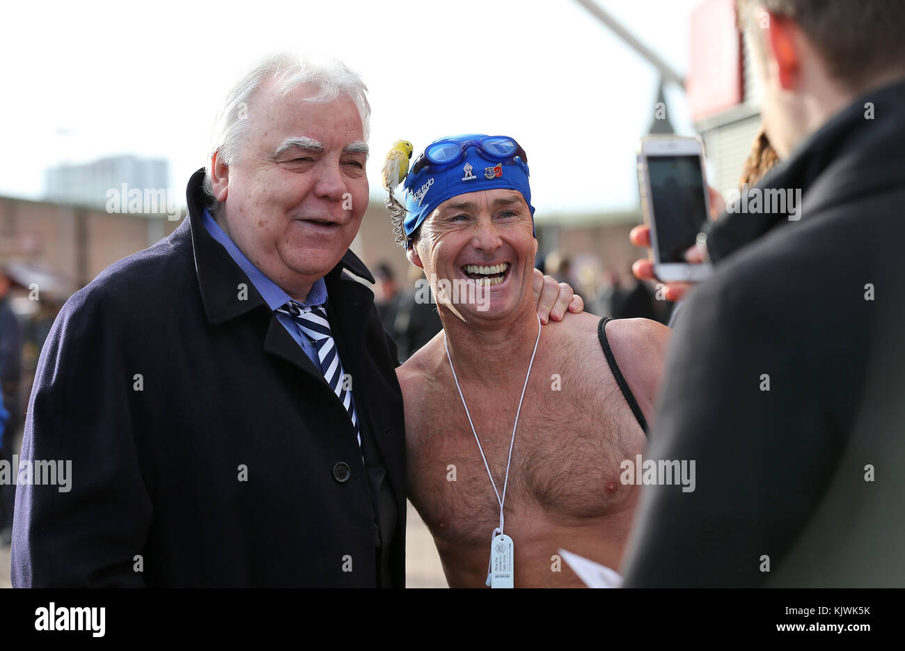 Everton chairman Bill Kenwright (left) with Michael Cullen aka Speedo ...