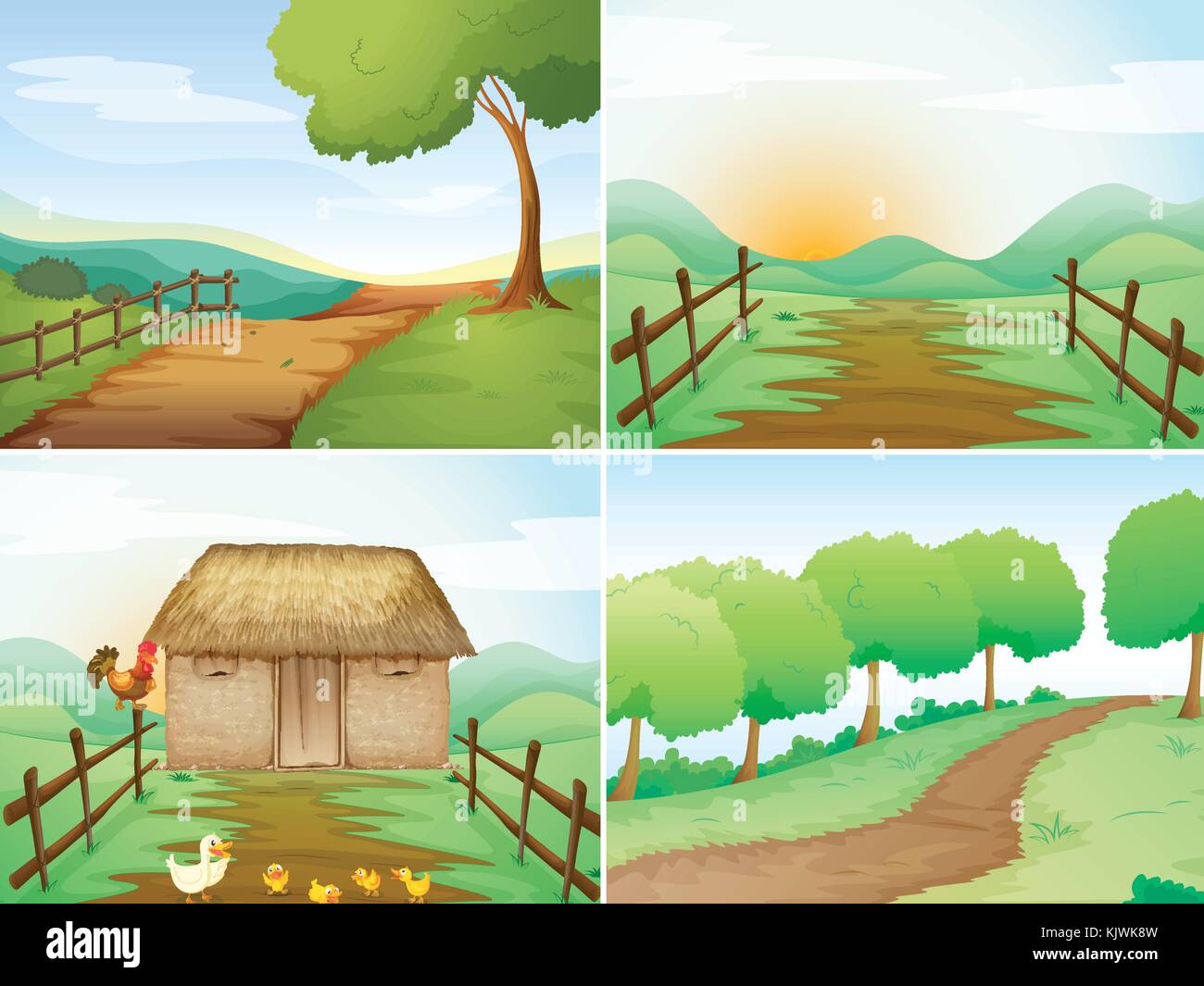 Four scenes of countryside with cabin and trails illustration Stock ...