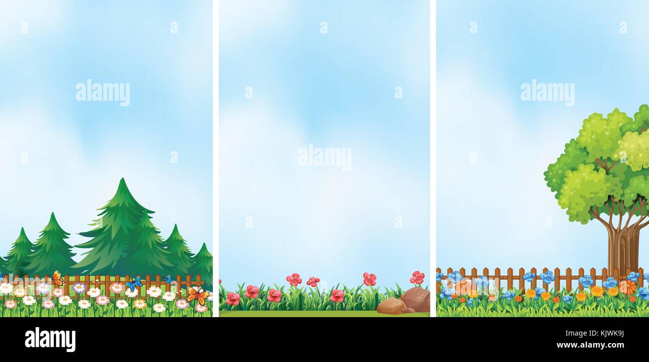 Three garden scenes with colorful flowers illustration Stock Vector ...