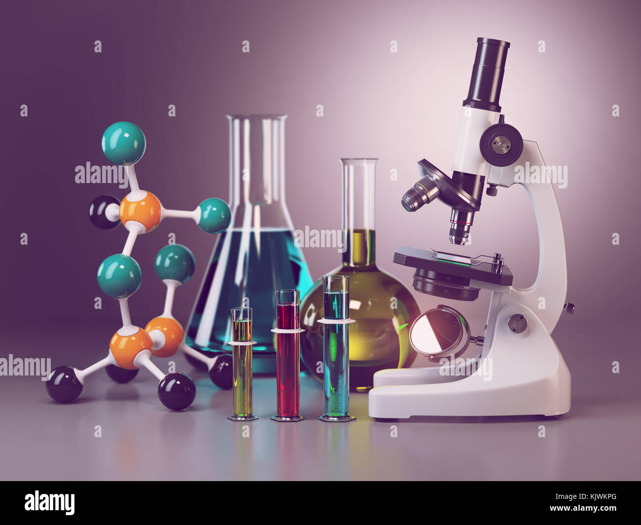 Microscope with flasks, vials and model of molecule. Chemistry or ...