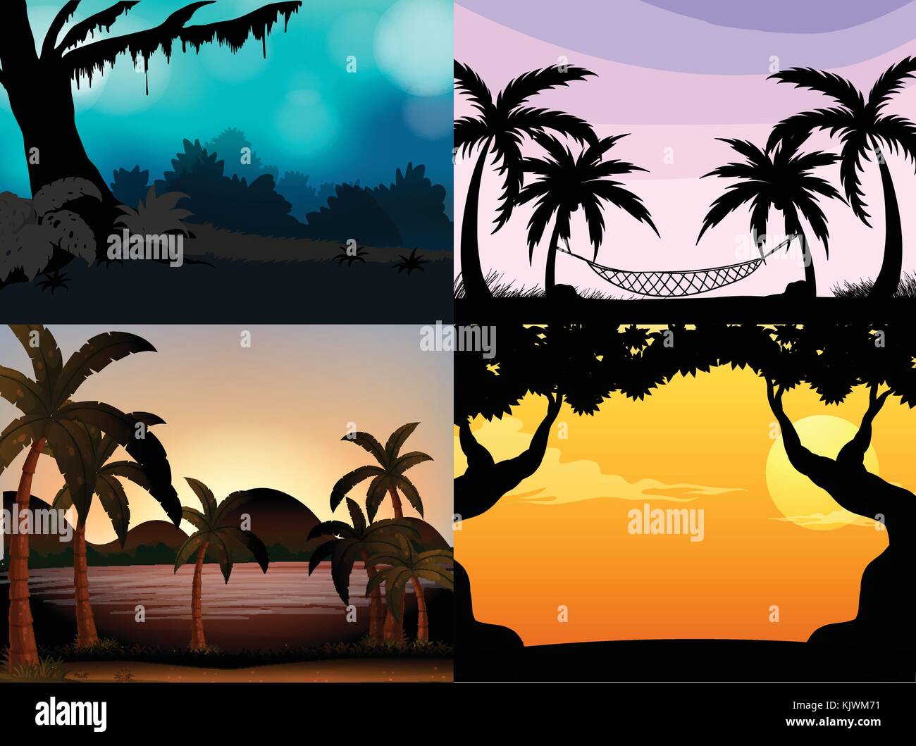 Four nature scenes with silhouette trees illustration Stock Vector ...