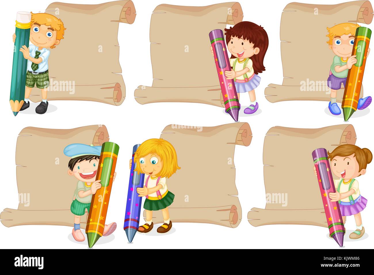 Paper templates with kids holding crayons illustration Stock Vector ...