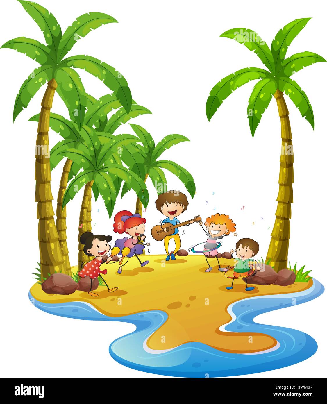 Happy kids playing instruments on island illustration Stock Vector ...
