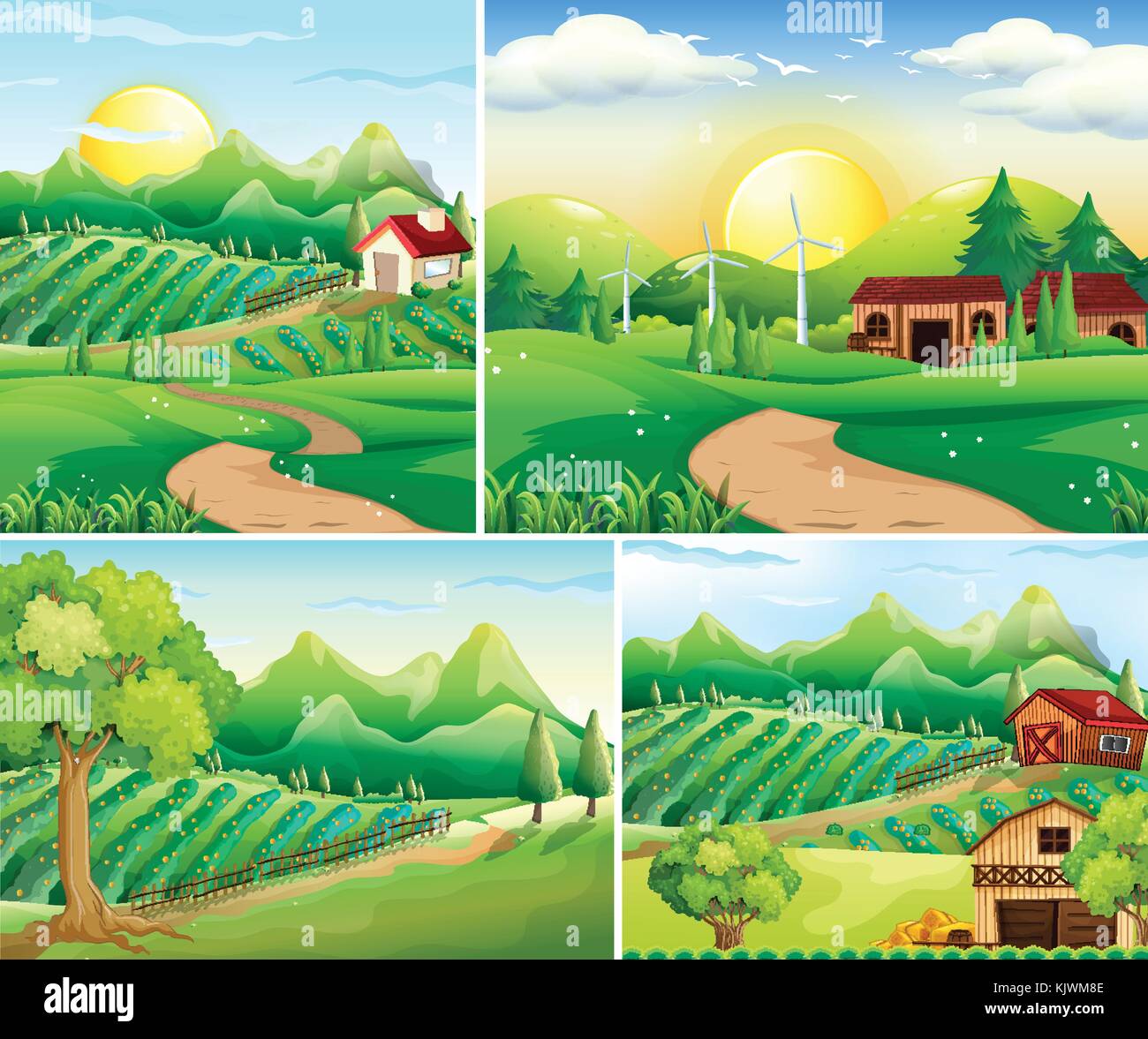 Four background scenes of farmyard illustration Stock Vector Image ...