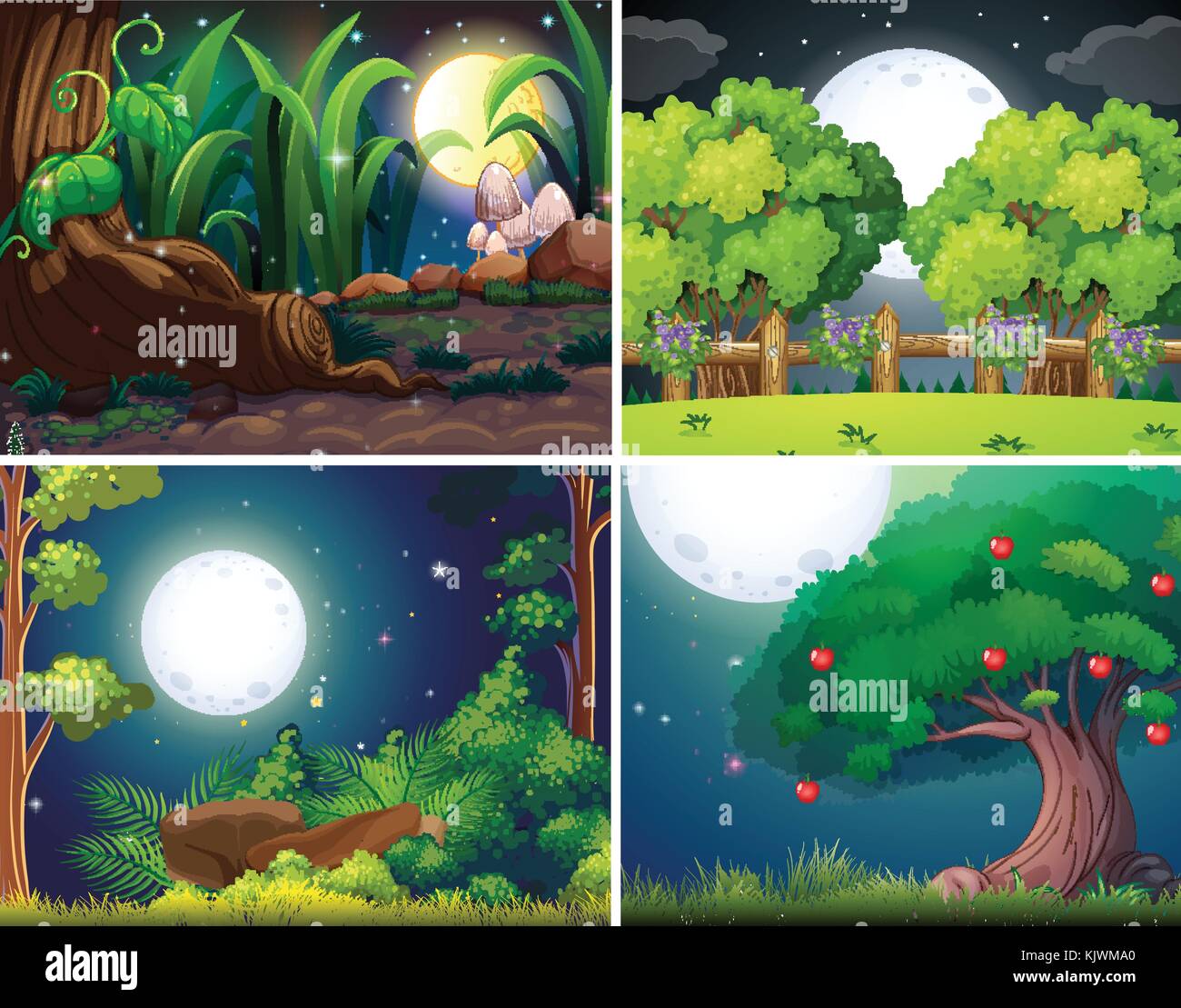 Four night scenes of the forest and park illustration Stock Vector ...