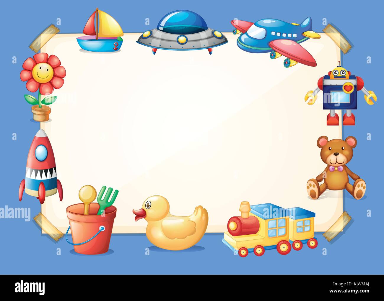 Border template with different toys in background illustration Stock ...